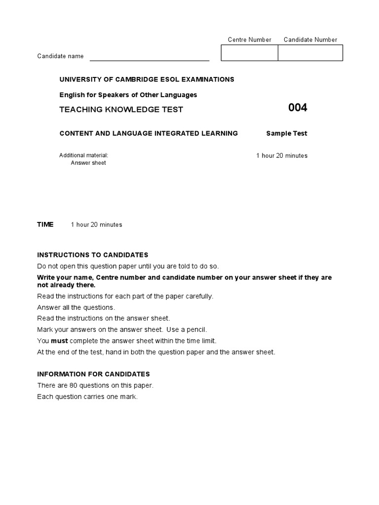 TKT Clil Sample Paper | PDF | English As A Second Or Foreign Language ...