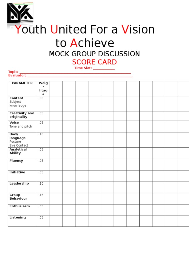 Group Discussion Evaluation Sheet YUVA | PDF | Body Language ...
