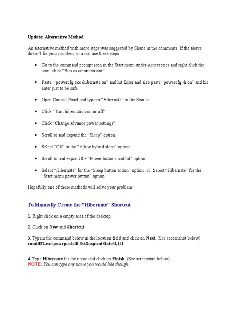 To Manually Create The Hibernate SHORTCUT | PDF
