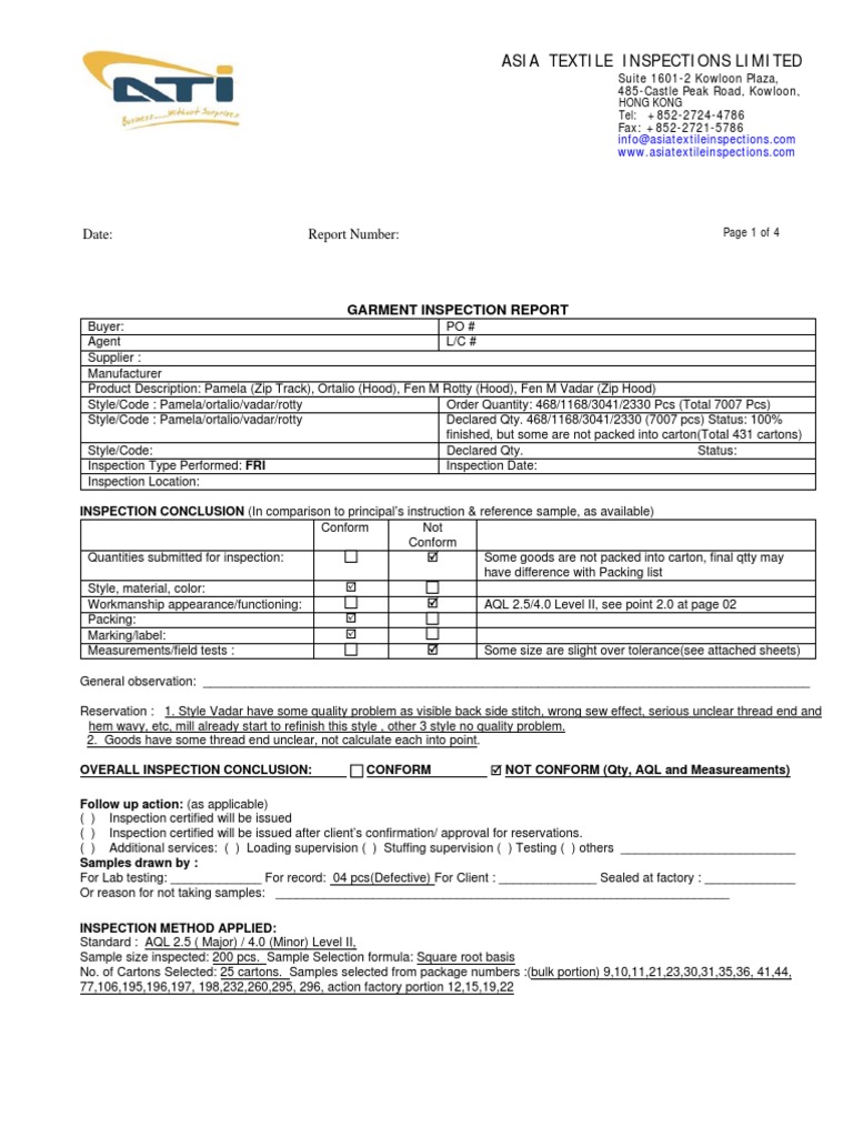 Textile Inspection Report Summary | PDF | Yarn | Specification ...