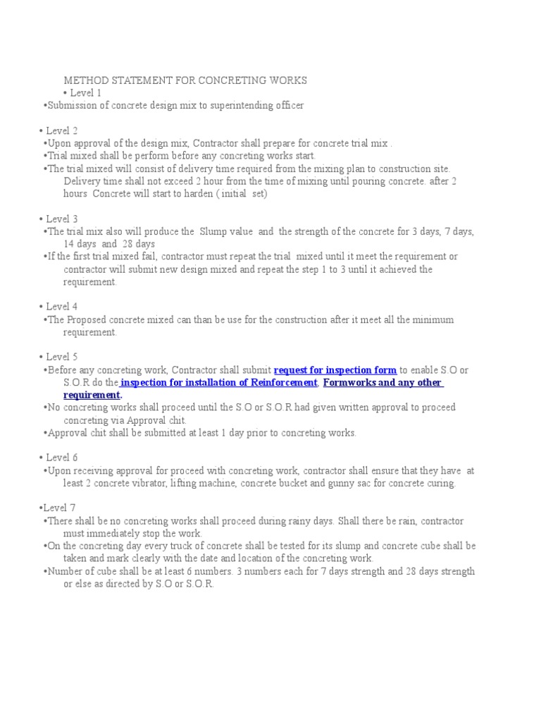 Method Statement For Concreting Works | PDF
