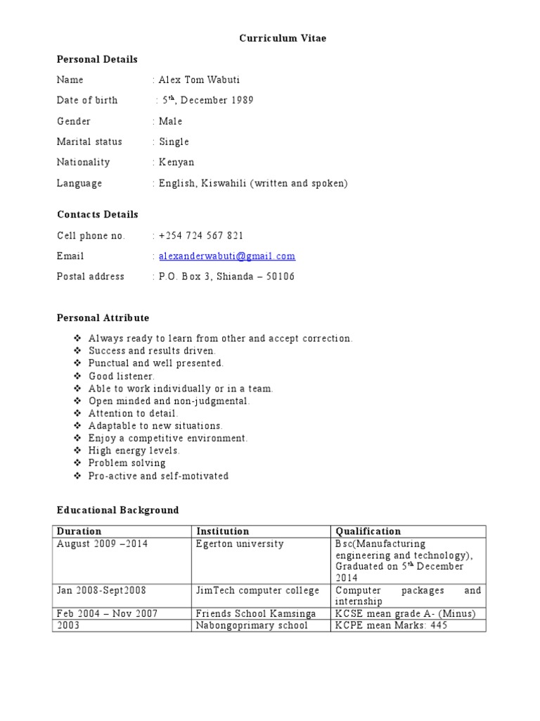 Curriculum Vitae Personal Details | PDF