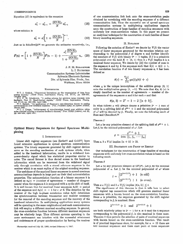 Optimal Binary Sequences For Spread Spectrum Multiplexing PDF | PDF ...