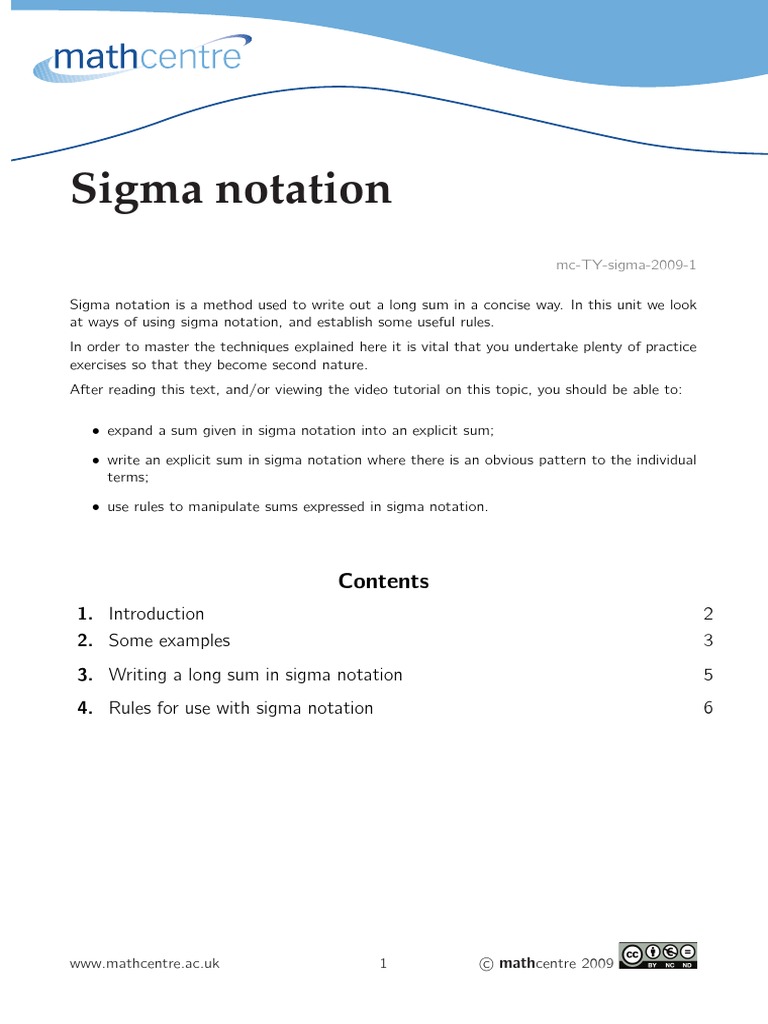 Sigma Notation: 1. 2 2. Some Examples 3 3. Writing A Long Sum in Sigma ...