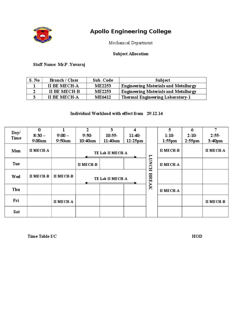 Apollo Engineering College Mechanical Timetable | PDF | Technology ...