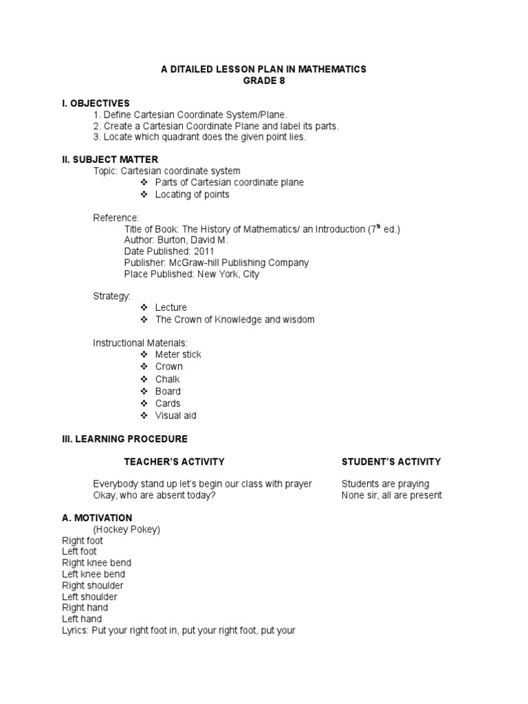 A Ditailed Lesson Plan in Mathematics | Download Free PDF | Cartesian ...
