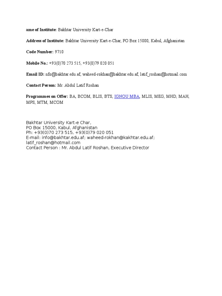 Bakhtar University Programs in Kabul | PDF