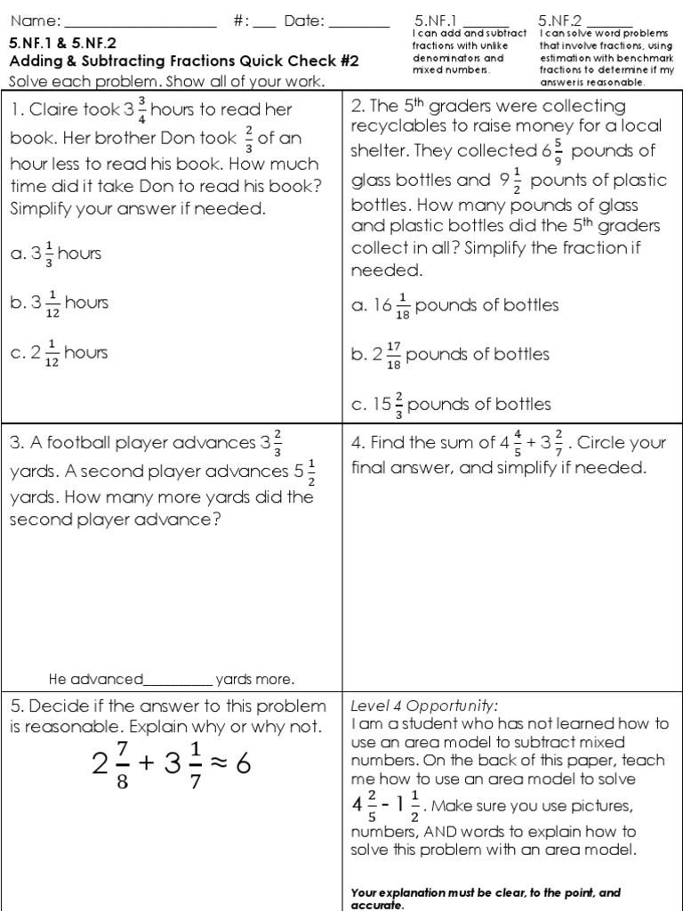 5 NF 1 & 5 NF 2 Quick Check PG 1 | PDF | Language Arts & Discipline