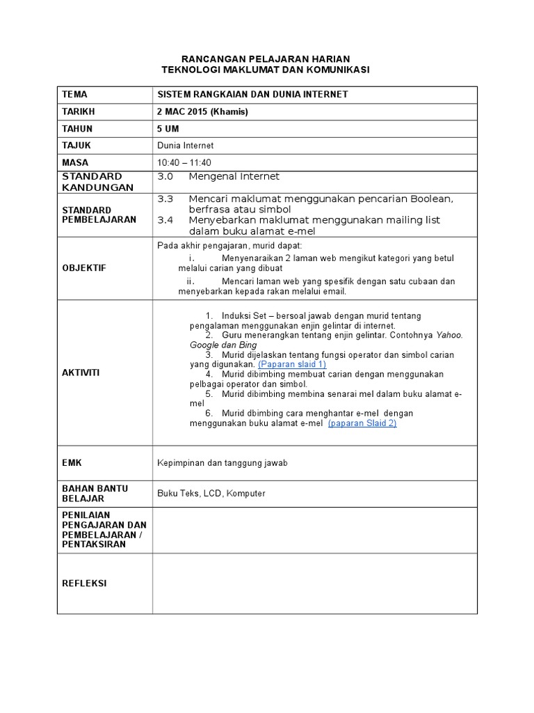 Contoh RPH TMK Tahun 5 | PDF | Komputer