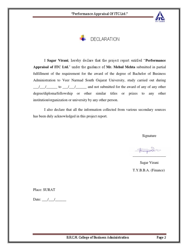 Declaration: Appraisal of ITC LTD." Under The Guidance of Mr. Mehul ...