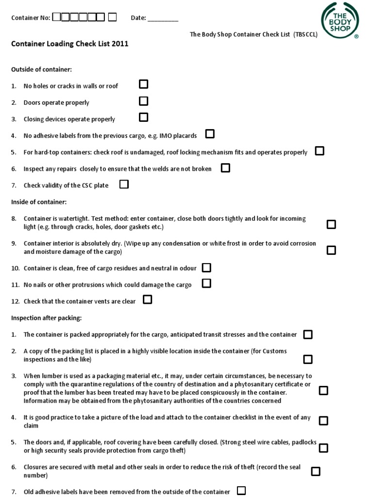 Container Checklist | PDF | Cargo | Lumber