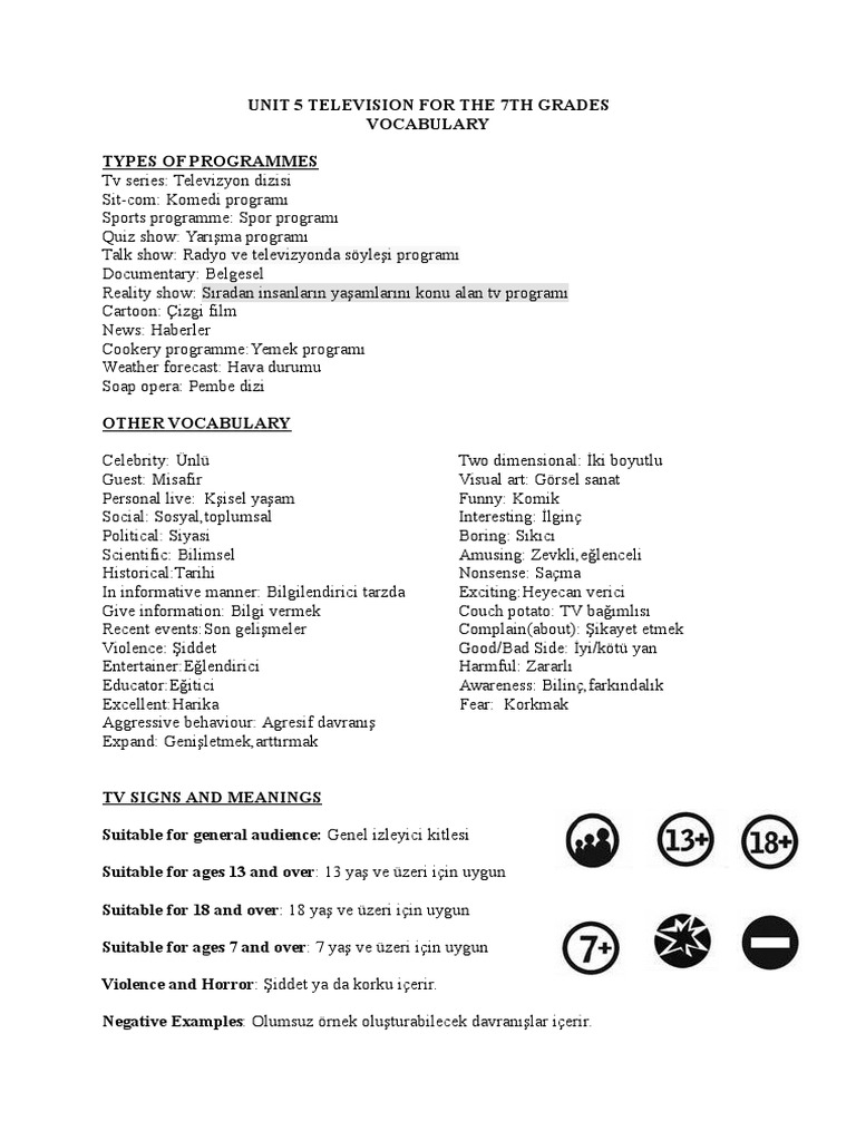 7th Grade Unit 5 TELEVISION | PDF