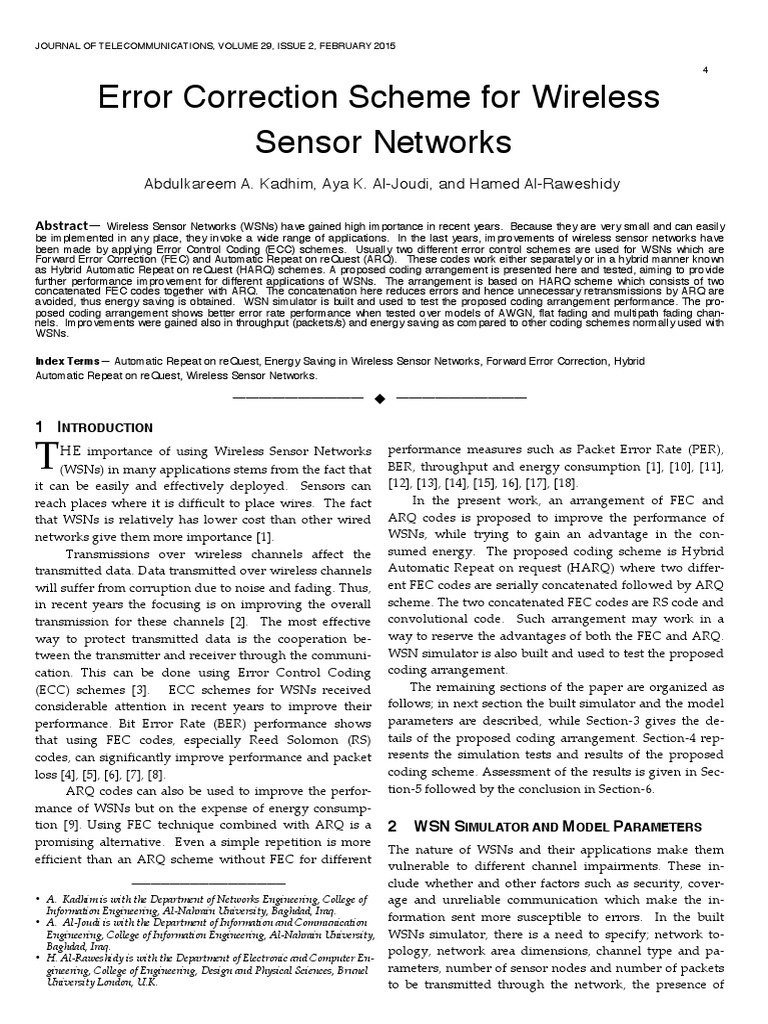 Error Correction Scheme For Wireless Sensor Networks Pdf Forward Error Correction Error