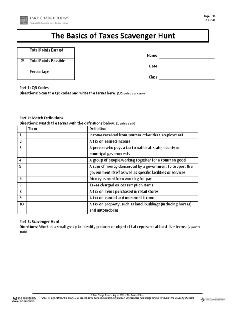 The Basics of Taxes Scavenger Hunt: (1/2 Point Per Term) | PDF