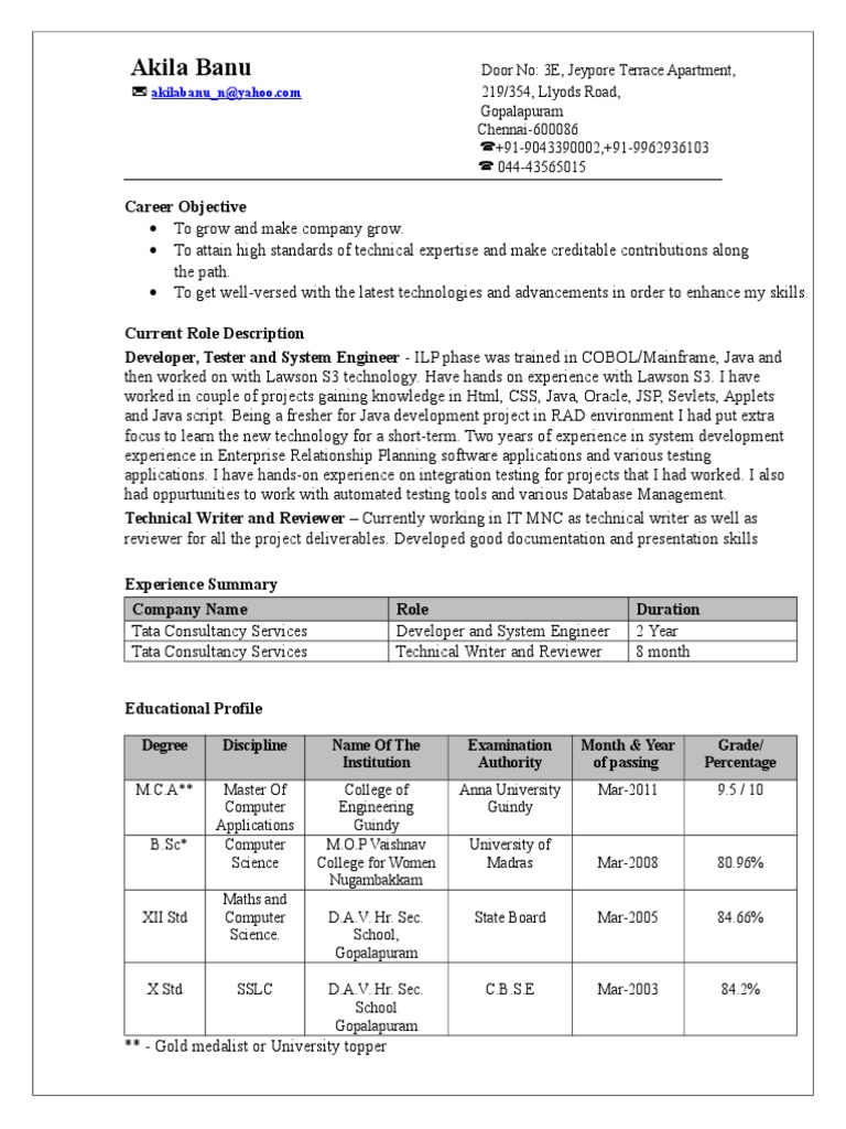 Akila Banu: IT Developer & Technical Writer Resume | PDF | Java (Programming Language ...