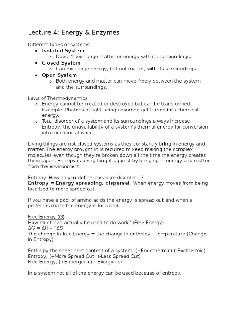 Lecture 4 - Energy & Enzymes | PDF | Entropy | Gibbs Free Energy