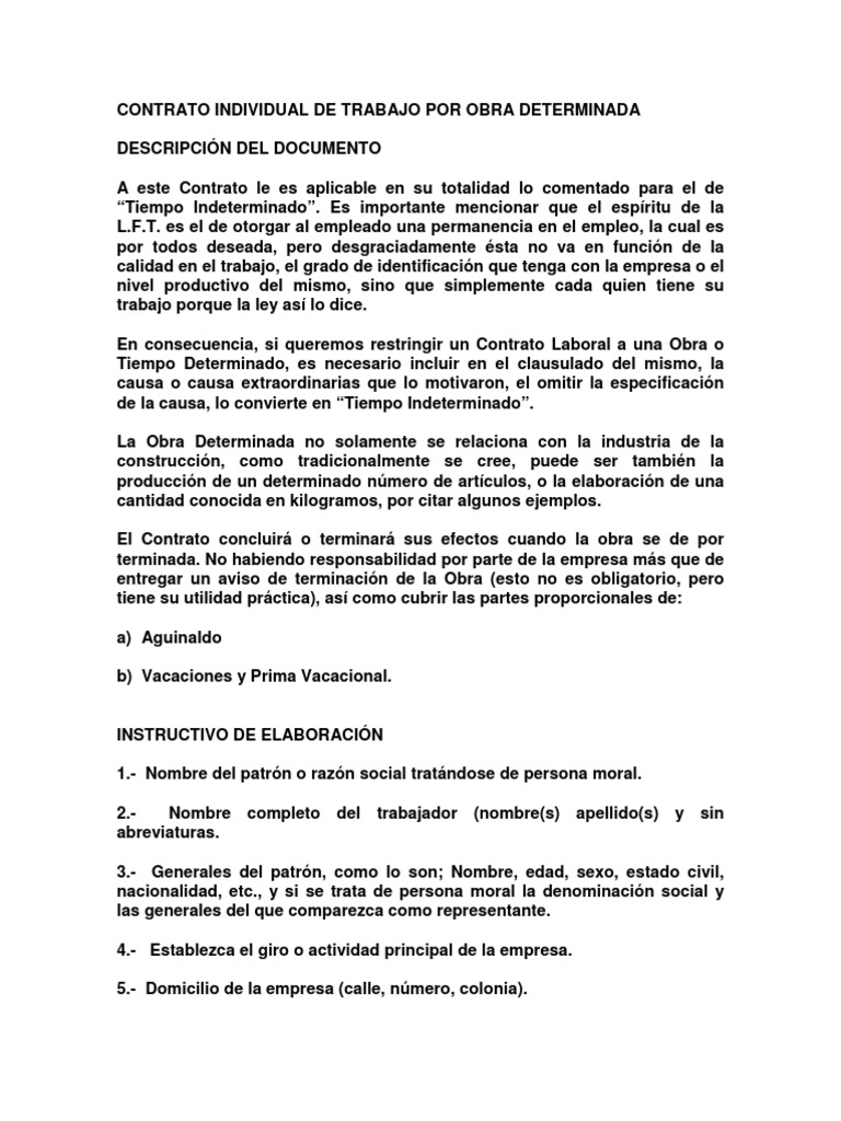 Contrato Individual de Trabajo Por Obra Determinada 2 | PDF | Tiempo de trabajo | Salario