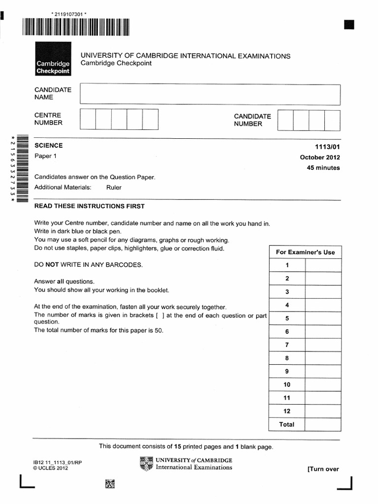 Past Paper Checkpoint 2012 Science 1 | PDF
