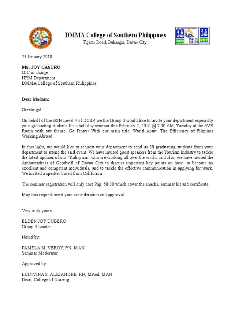 Letter of Invitation-Seminar in Nursing | PDF | Health Care | Nursing