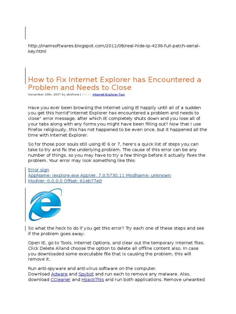 How To Fix Internet Explorer Has Encountered A Problem and Needs To ...