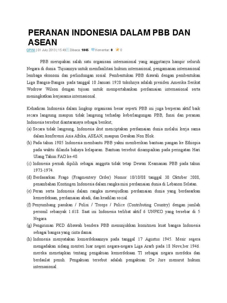 Peranan Indonesia Dalam PBB Dan Asean | PDF