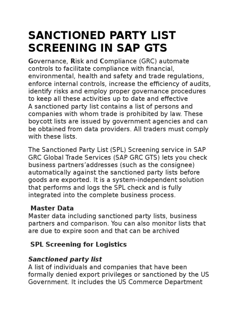 SAP GTS Sanctioned Party Screening | PDF | Boycott | Office Of Foreign ...