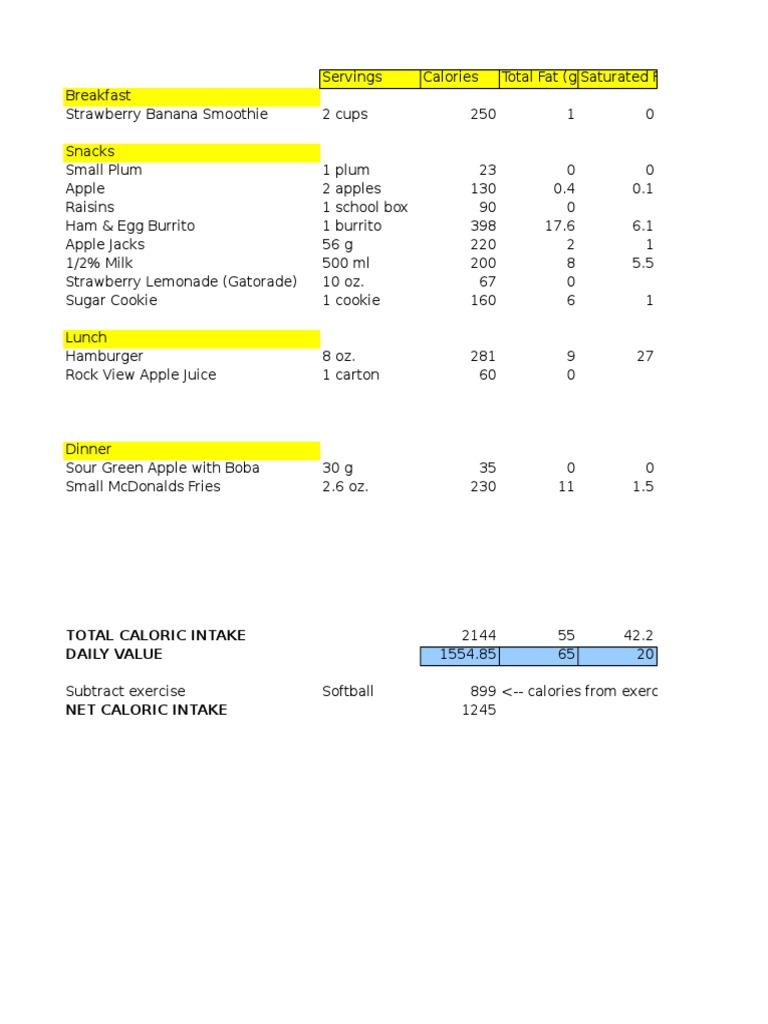 Daily Caloric Intake and Food Breakdown | PDF