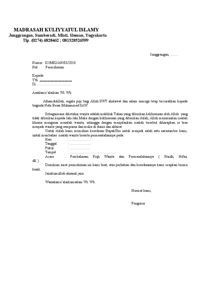Contoh Surat Permohonan Mengisi Acara Ceramah | PDF