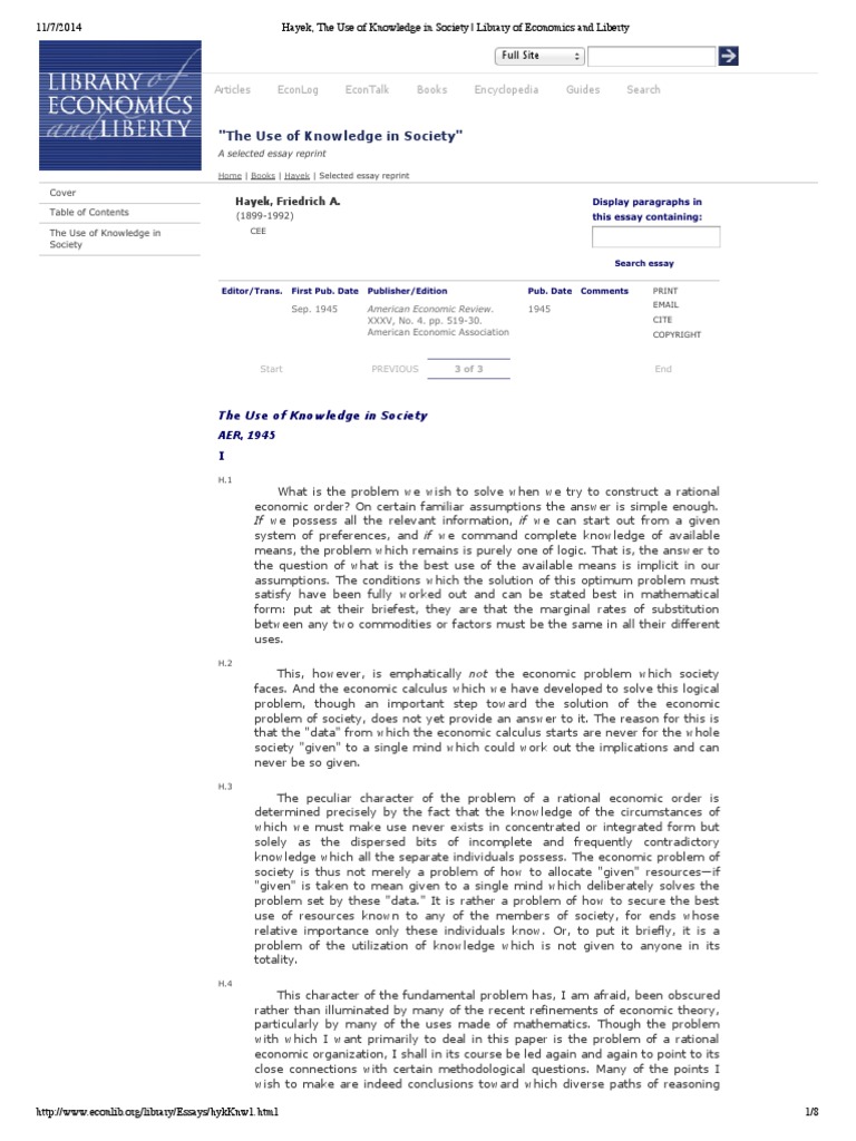 The Use of Knowledge in Society by Hayek | PDF | Economics | Knowledge