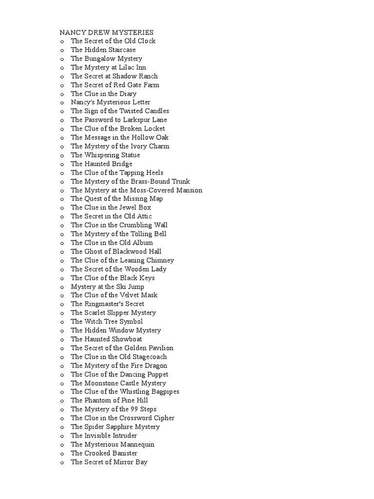 A List of Every Nancy Drew Book Published | PDF | Nancy Drew | Mystery Film