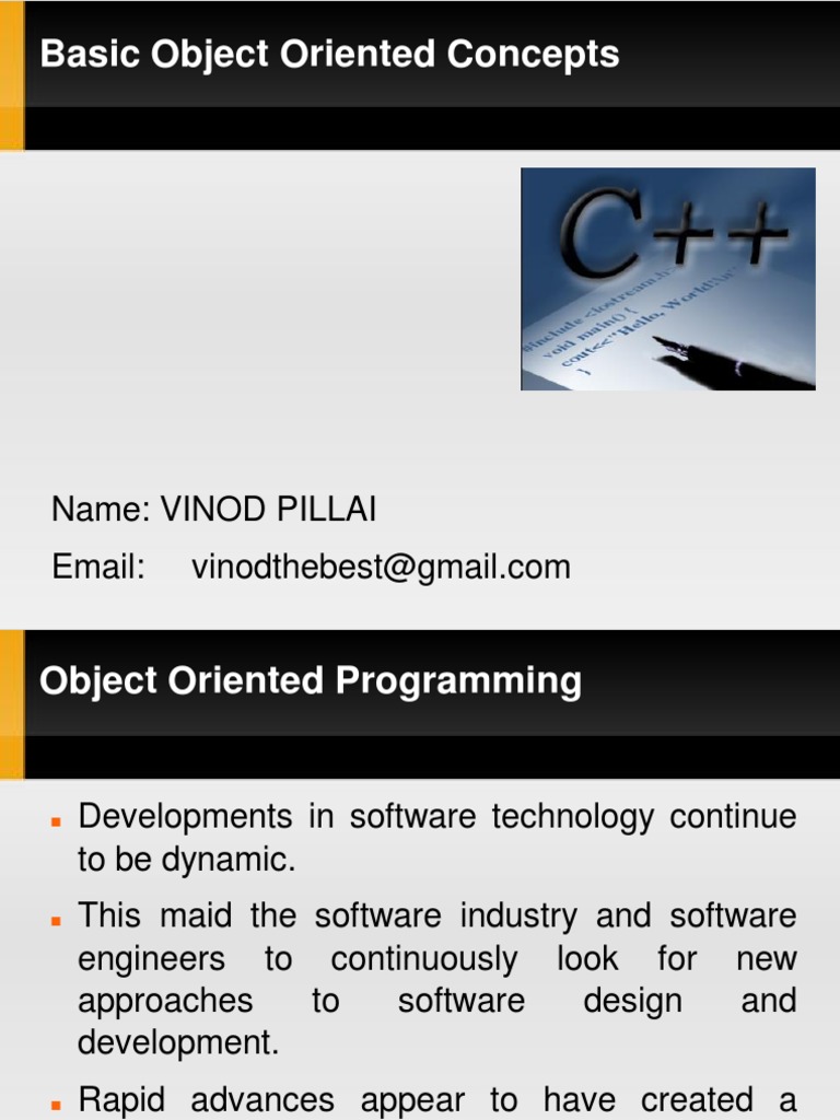 Basic Object Oriented Concepts: Name: Vinod Pillai Email | PDF | Object ...