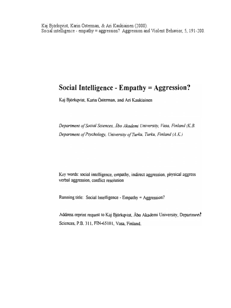 Social Intelligence, Empathy and Aggression | PDF | Aggression | Sympathy
