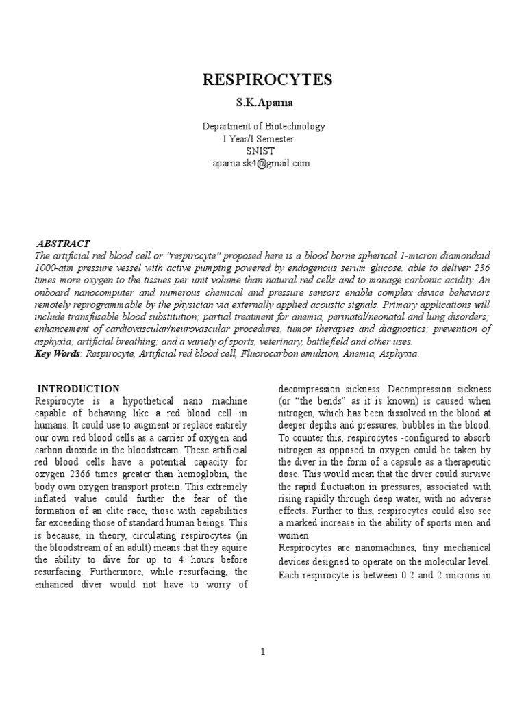 Artificial Red Blood Cells: Respirocytes | PDF | Blood | Red Blood Cell