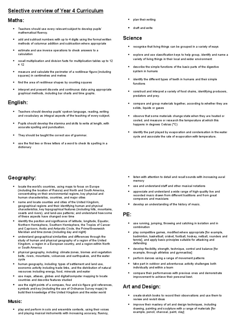 Selective Overview of Year 4 Curriculum | Download Free PDF | Geography ...