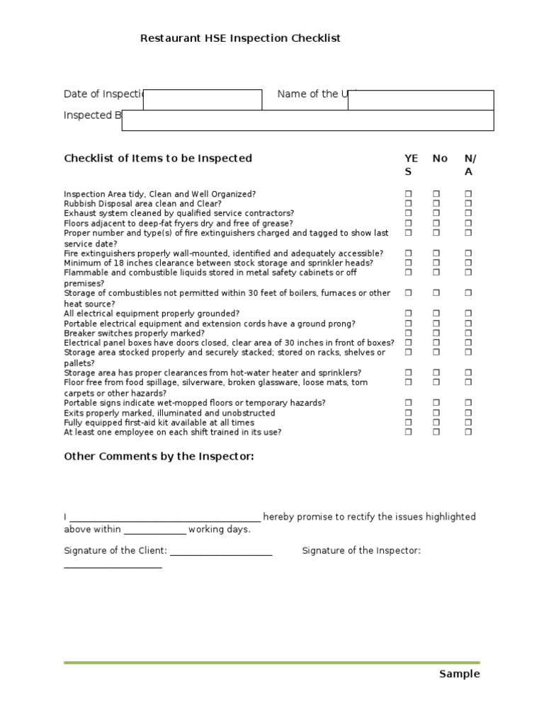 Restaurant HSE Inspection Checklist | PDF