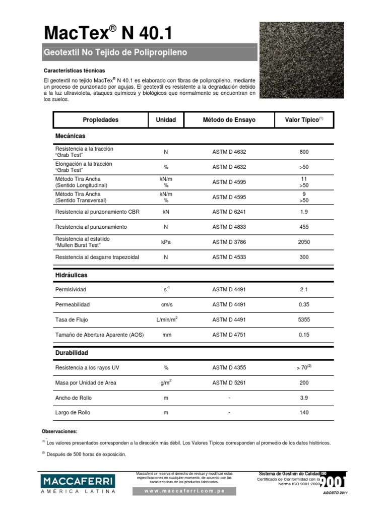 Ficha Técnica Geotextil MacTex N 40.1 | PDF | Ciencia y matemáticas ...