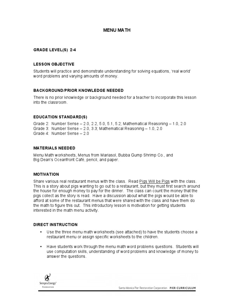 Math Menu | PDF | Menu | Restaurants