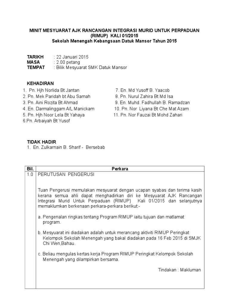 Minit Mesyuarat Ajk Rancangan Integrasi Murid Untuk Perpaduan | PDF