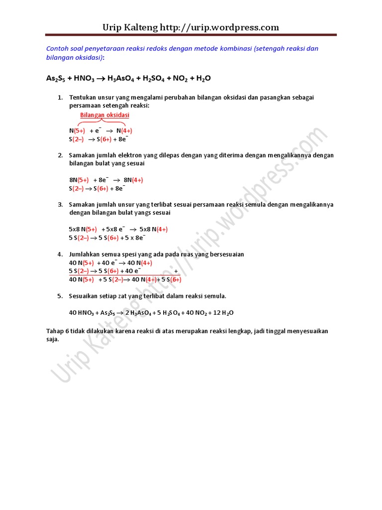Contoh Soal Penyetaraan Reaksi Redoks Dengan Metode Kombinas As2s5 PDF ...