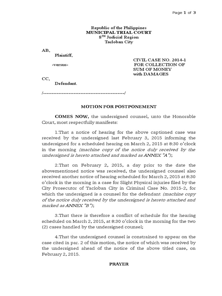Motion For Postponement | PDF | Lawsuit | Government