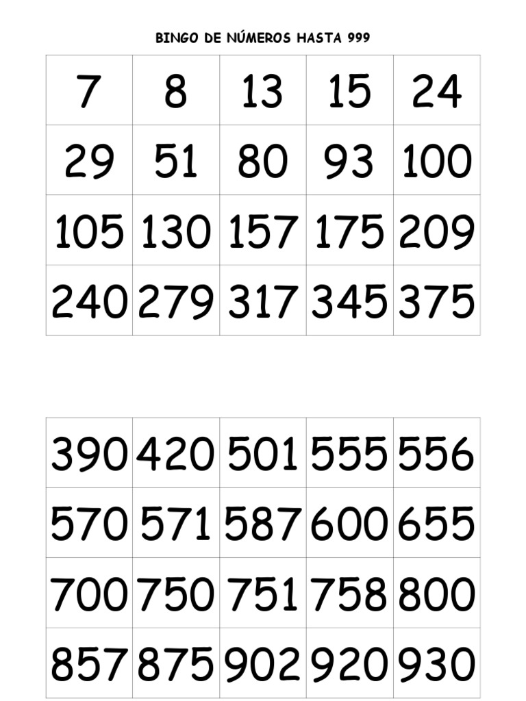 Bingo de Números Hasta 999 | PDF