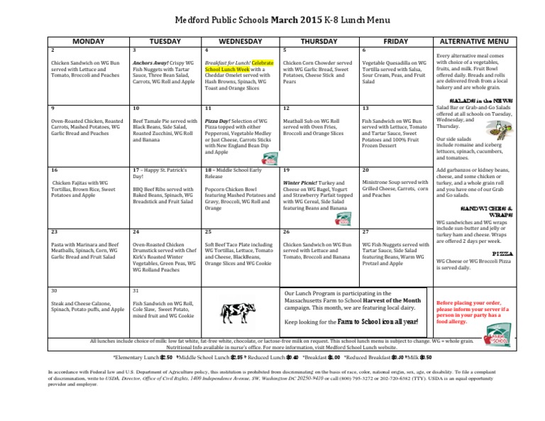 K-8 Lunch Menu March 2015 | PDF | Salad | Lunch