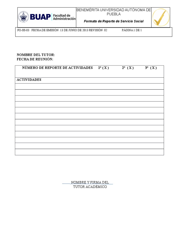 Formato Reporte Servicio Social BUAP | PDF