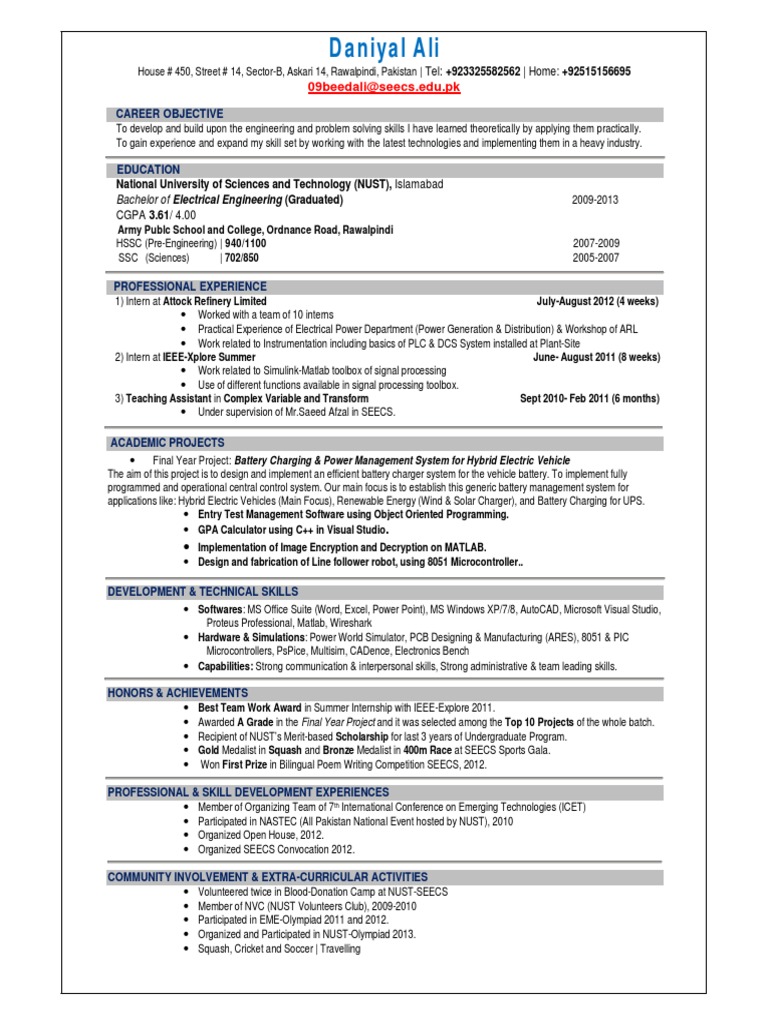 Daniyal Ali NUST Resume | PDF | Science And Technology | Computing