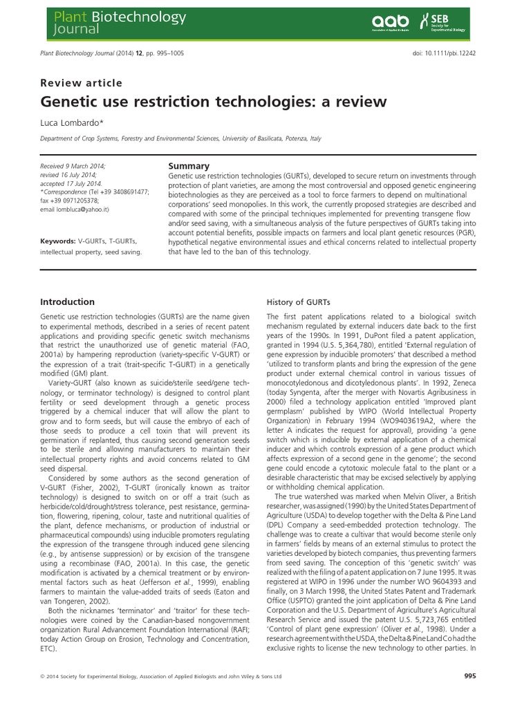 Genetic Use Restriction Technologies | PDF | Plant Breeding | Transgene