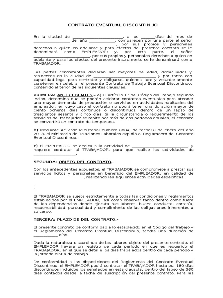 Contrato de Trabajo Eventual Discontinuo Ecuador | Derecho laboral | Pagos