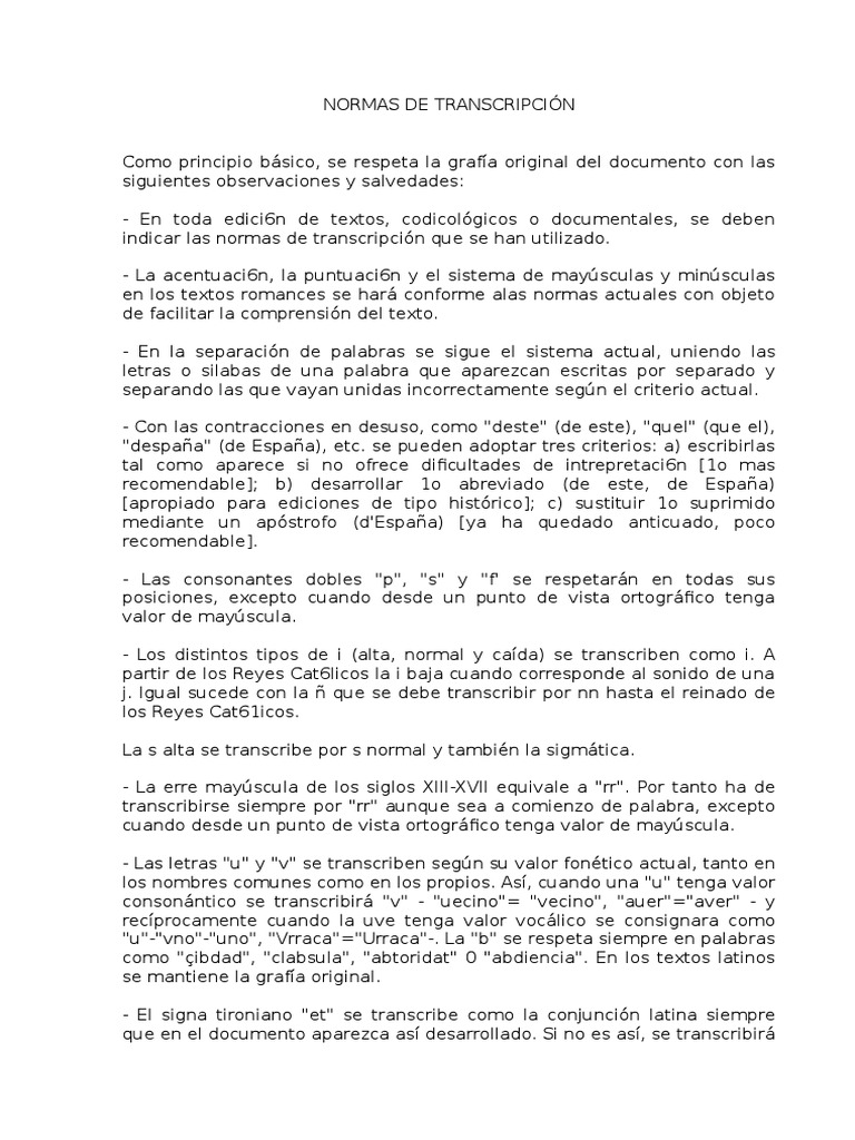 Normas de Transcripci N Paleografía | PDF | Soporte | Texto