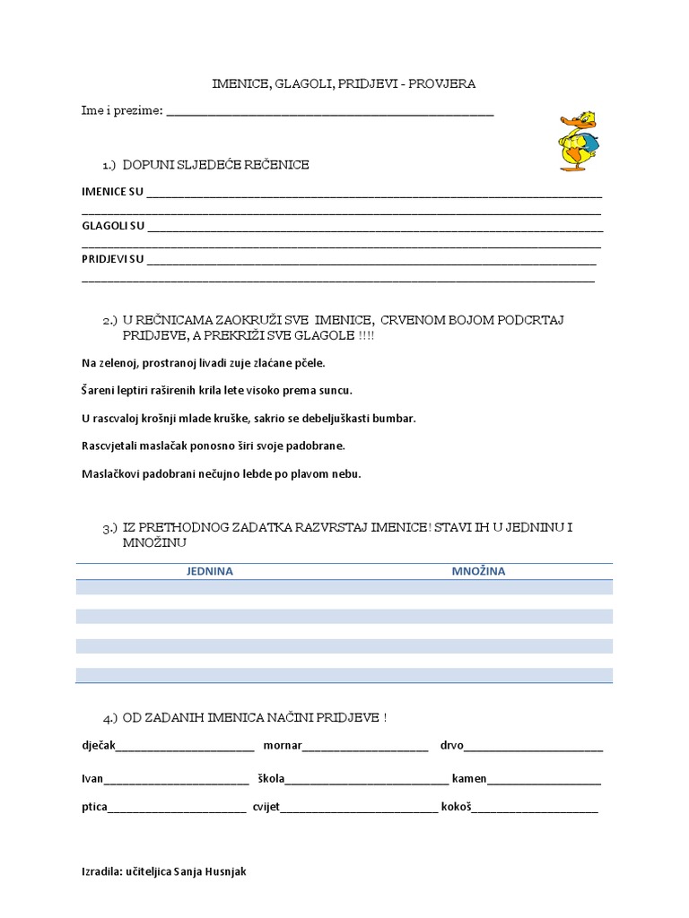 Imenice Glagoli Pridjevi Provjera | PDF