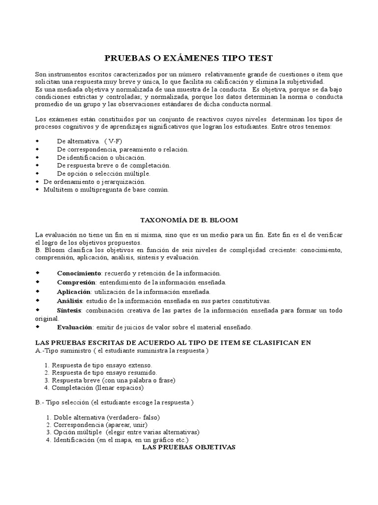 Tipos de pruebas objetivas y sus características | PDF | Evaluación ...