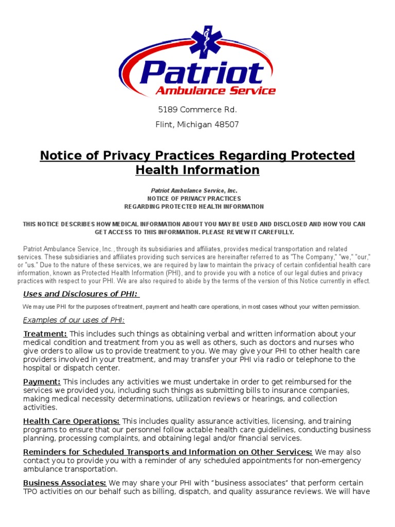 Notice of Privacy Practices Regarding Protected Health Information ...